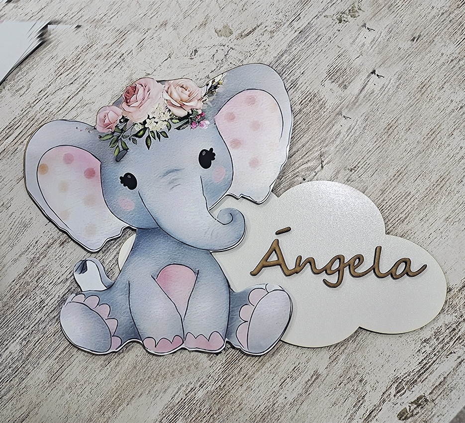 Letrero madera Elefanta Flores – Camaleón Print